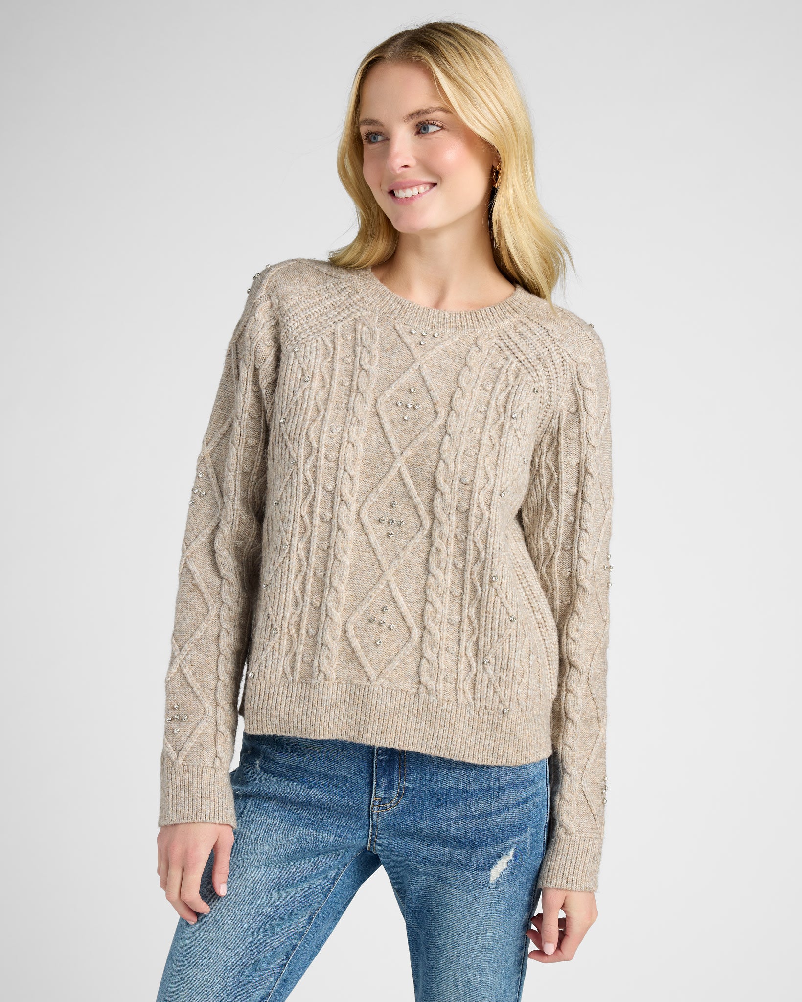 Embellished Cable Crew Sweater