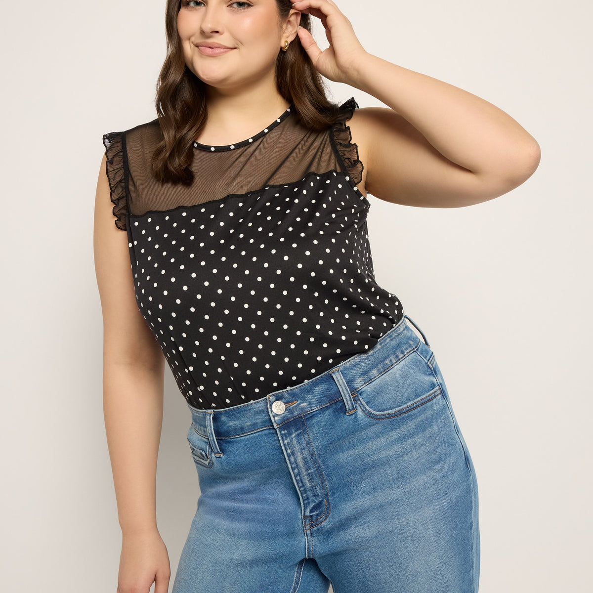 Plus Size Polka Dot Mesh Ruffle Top - Chic & Versatile – Wantable